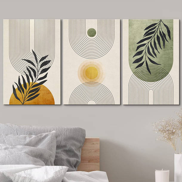 IDEA4WALL Mid Century Modern Boho Brown Abstract Sun Tropical Plant - Framed 3 Piece Set Canvas ...